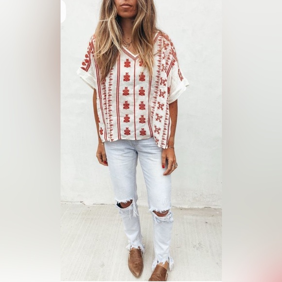 Tops | Bohemian Red And White Gauzy Womens Top | Poshmark